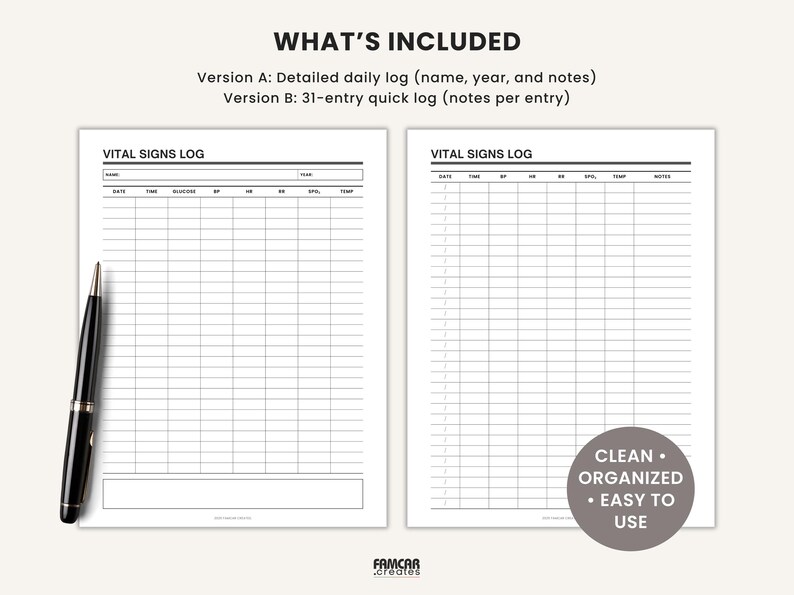 Vital Signs Log Printable Vitals Tracker Nursing Notes Sheet Blood ...
