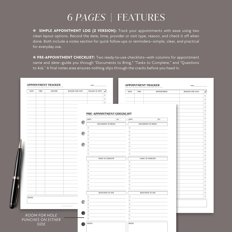 Medical Appointment Tracker Printable | Monthly & Yearly Appointment Overview, Pre-appointment ...