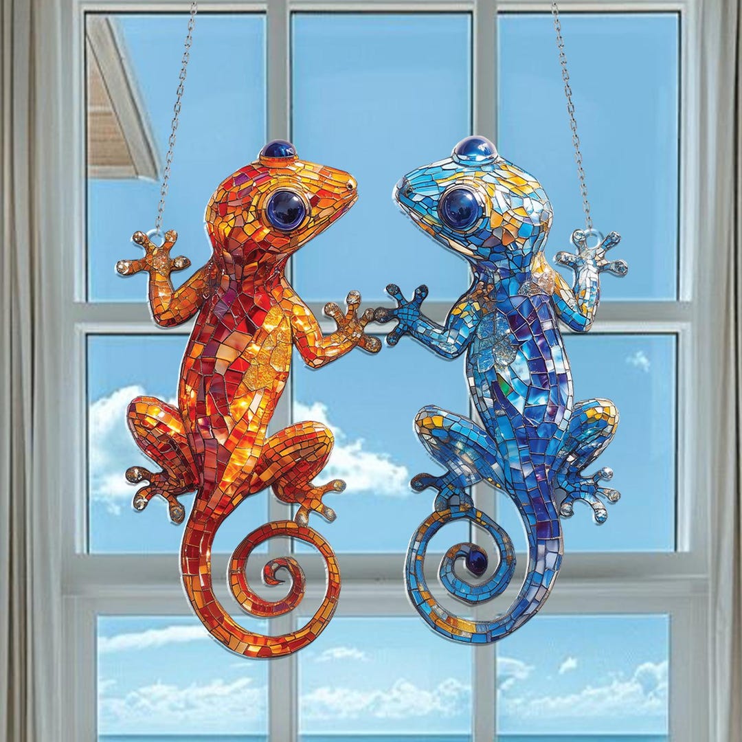 Gecko Window Hanging, Fire and Ice Acrylic Mosaic Lizard Suncatcher ...