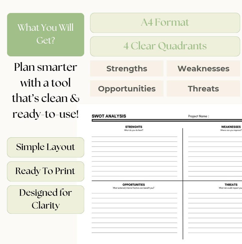 SWOT Analysis Template Printable | A4 Landscape PDF | Strategic ...