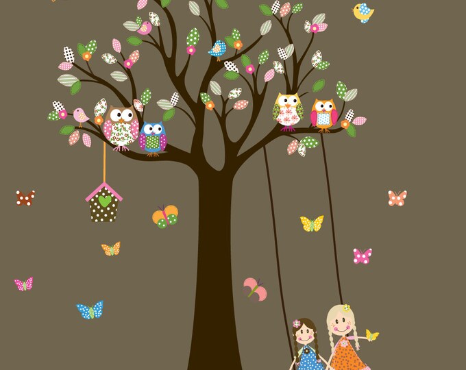 Vinyl Wall Decal Stickers Owl Tree With Swing and Dolls Birds Nursery ...