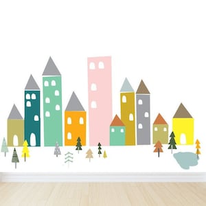 City Wall Decal - City Wall Sticker - Pastel Colored City Wall Mural ...