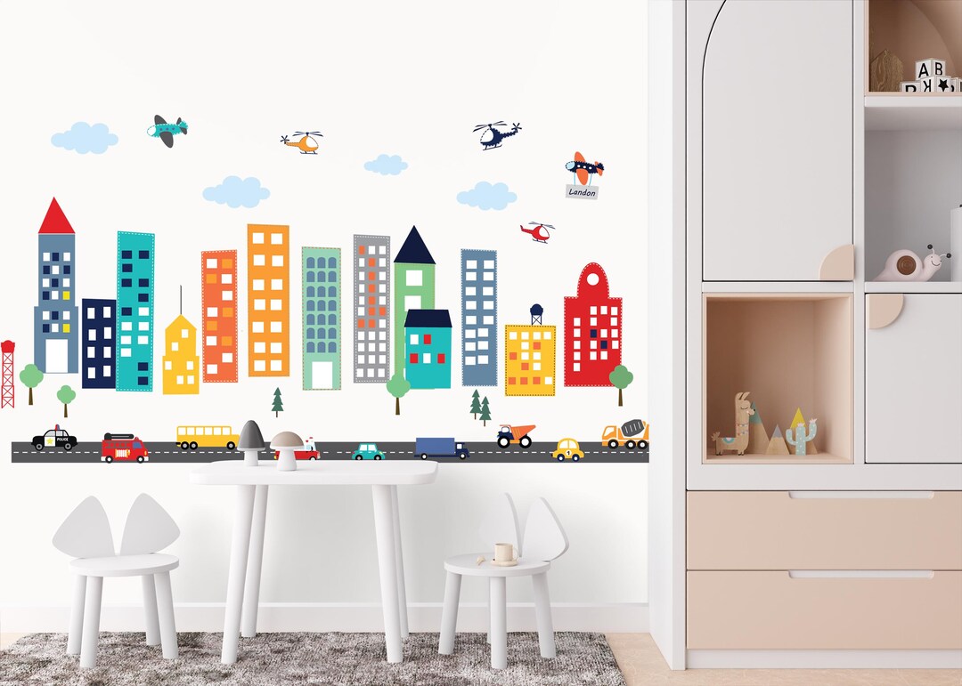 Cityscape Wall Decal – Colorful Peel & Stick Fabric Mural for Kids Room ...