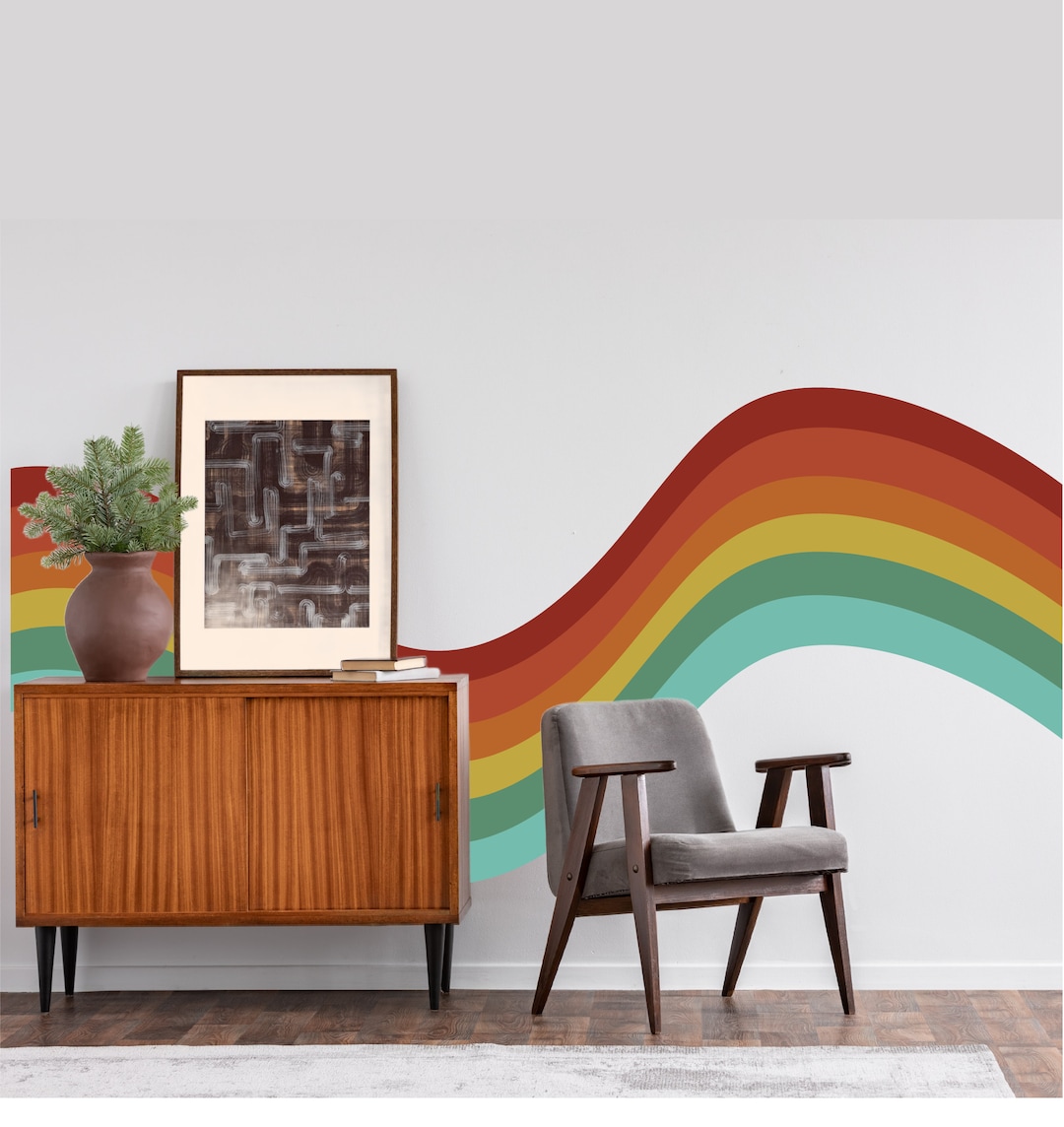 Wavy Retro Stipe Wall Decal - Colorful Rainbow Wall Art Sticker - Retro ...