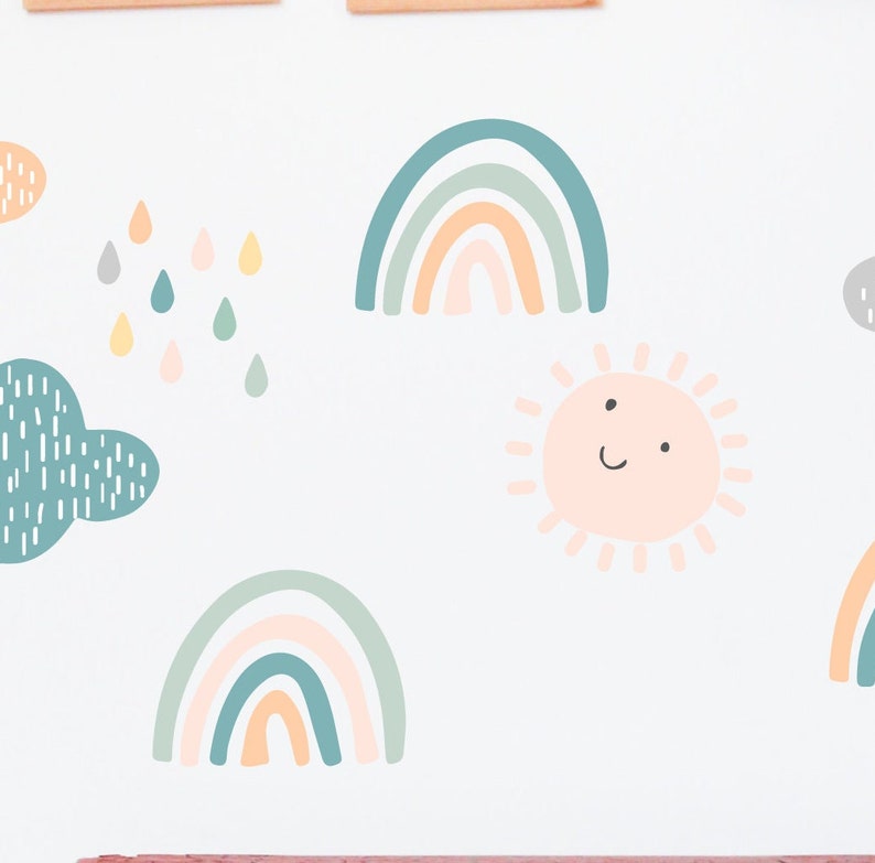 Wall Decal Pastel Colored Suns and Rainbows With Clouds and - Etsy
