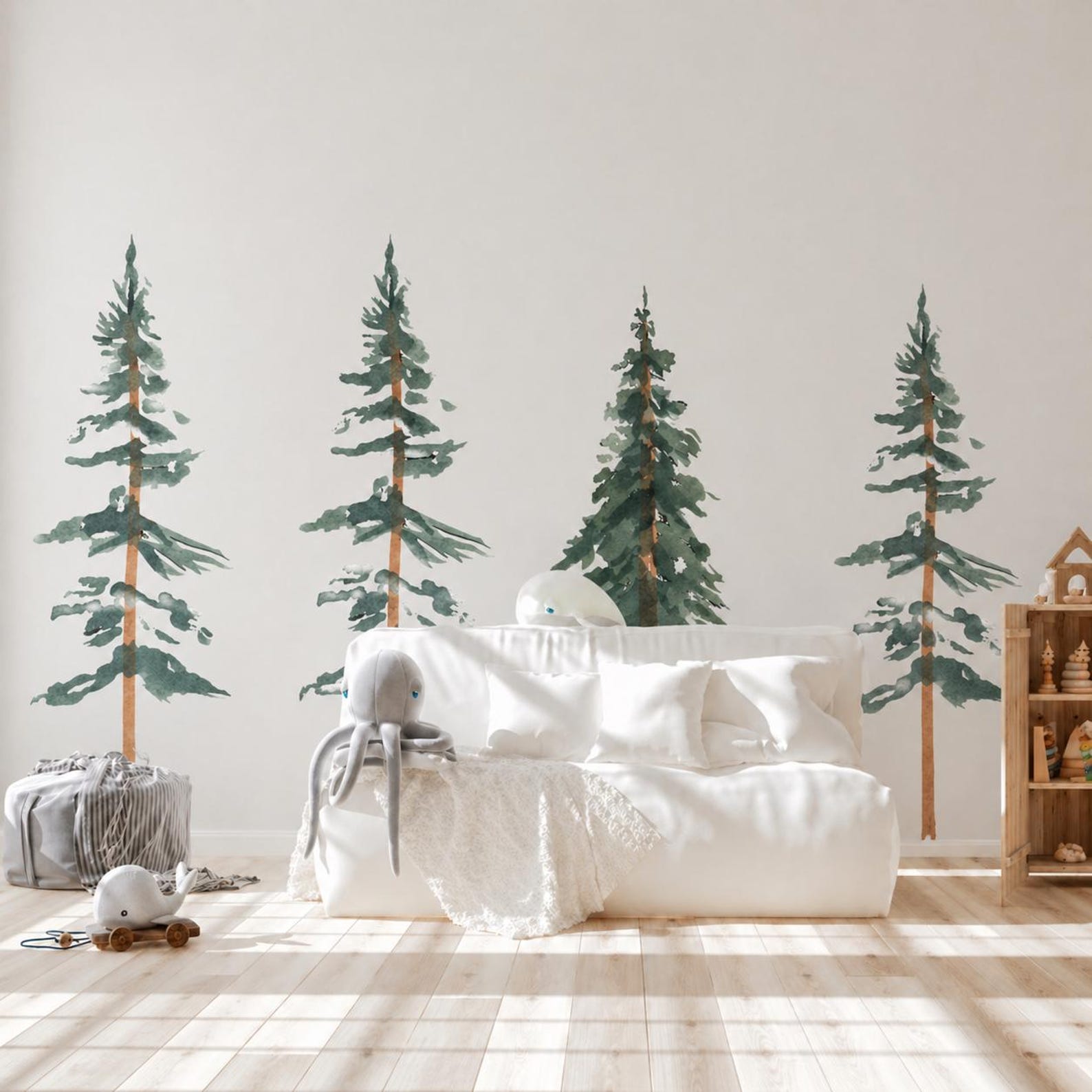 Watercolor Pine Tree Wall Decals Set, Woodland Nursery Wall Decal ...
