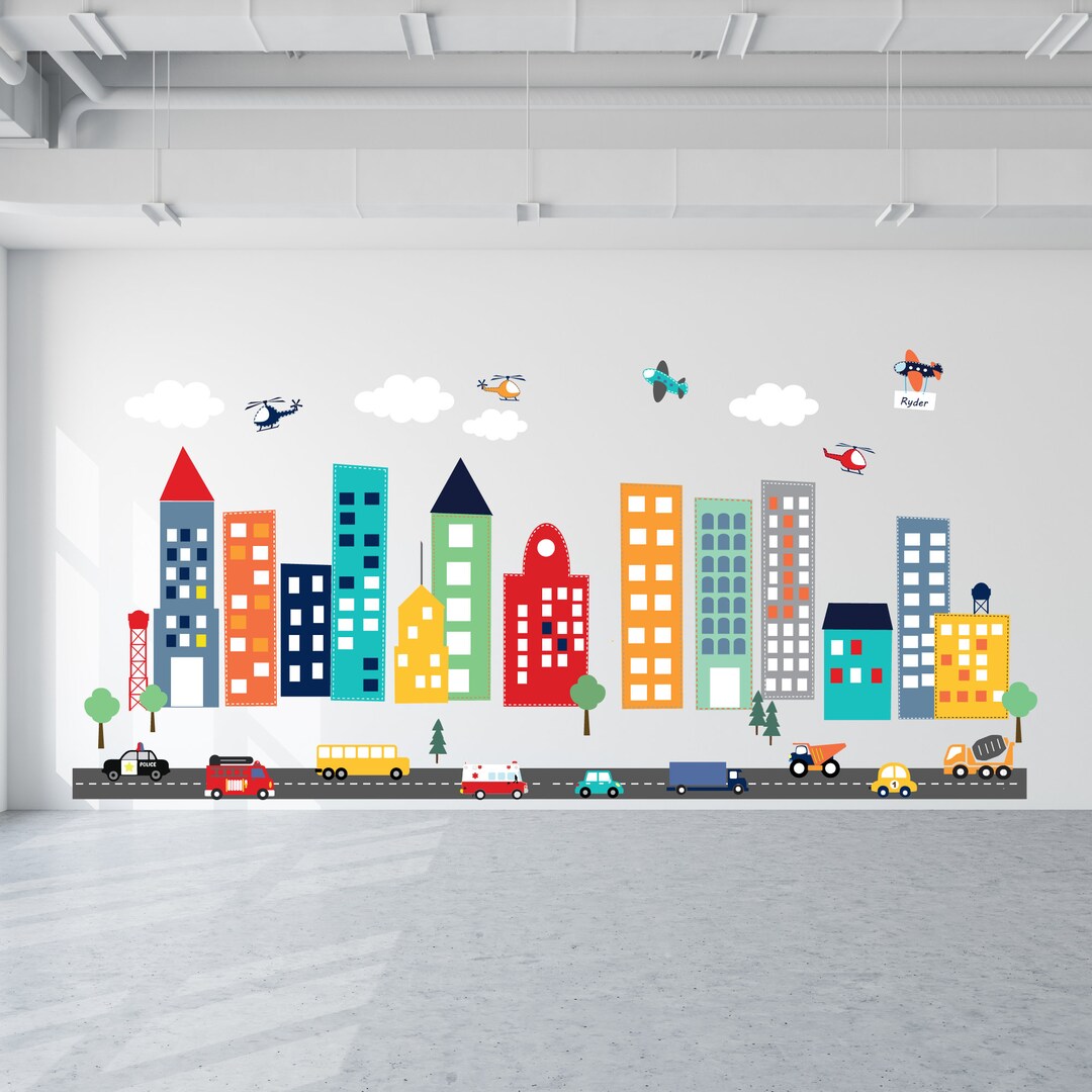 City Skyline Wall Decal | Urban Cityscape Wall Sticker | Large Peel and ...
