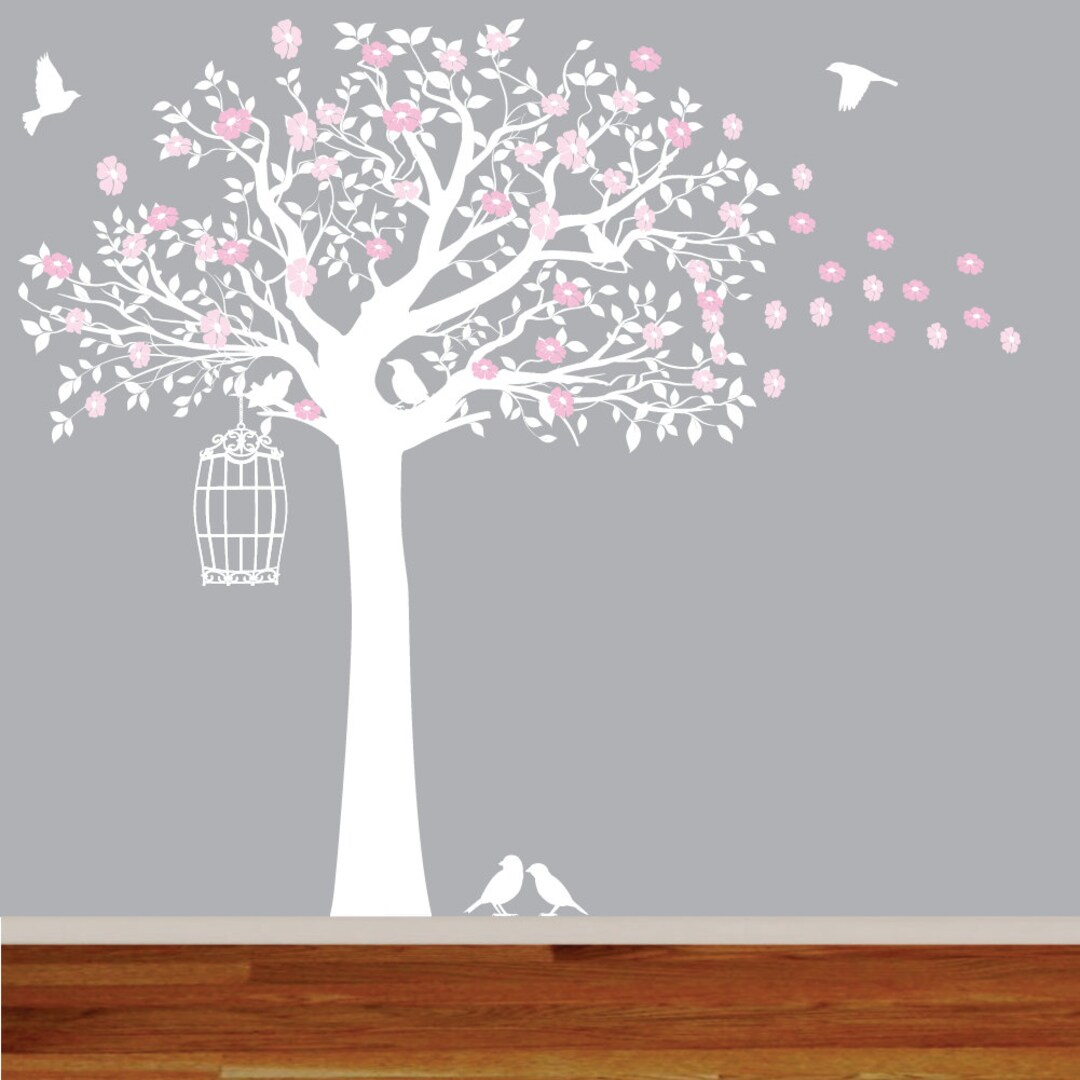 Flower Tree Vinyl Wall Decal Tree With Birds Nursery Wall Sticker Decal ...