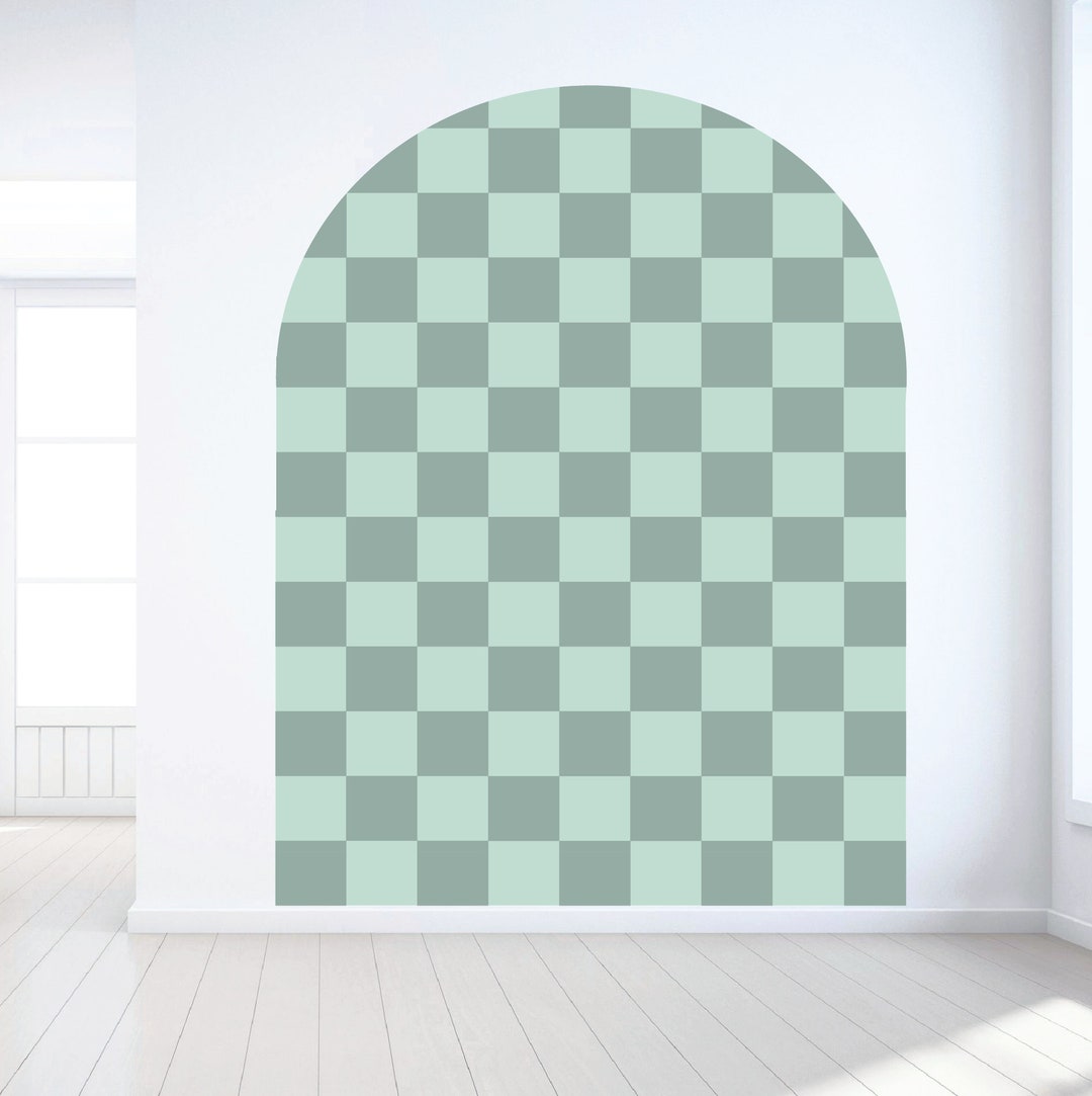 Retro Arch Checkered Pattern Wall Decal, Mint and Sage Nursery Wall Mural Sticker Design, Living ...