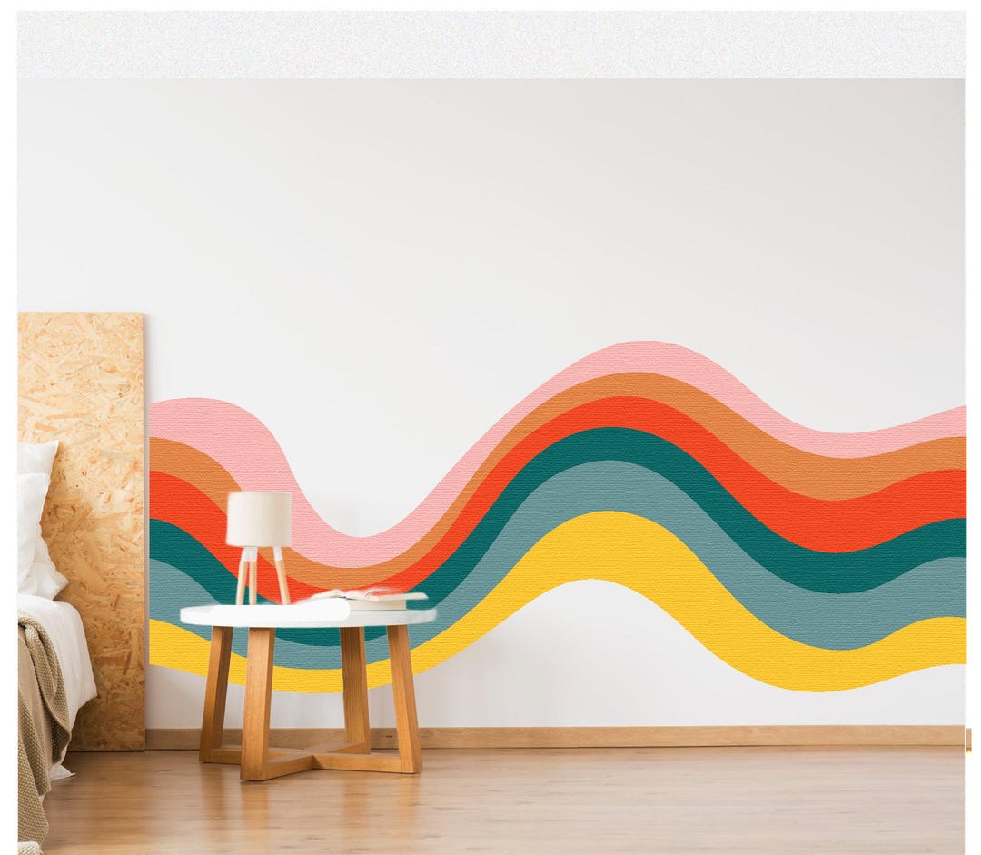 Wavy Retro Stipe Wall Decal Colorful Rainbow Wall Art Sticker Retro ...