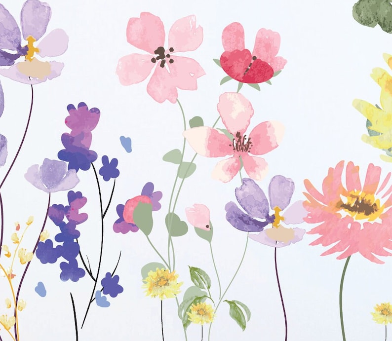 Large Flower Wall Decals - Pastel Watercolor Floral Mural - Big Flower ...