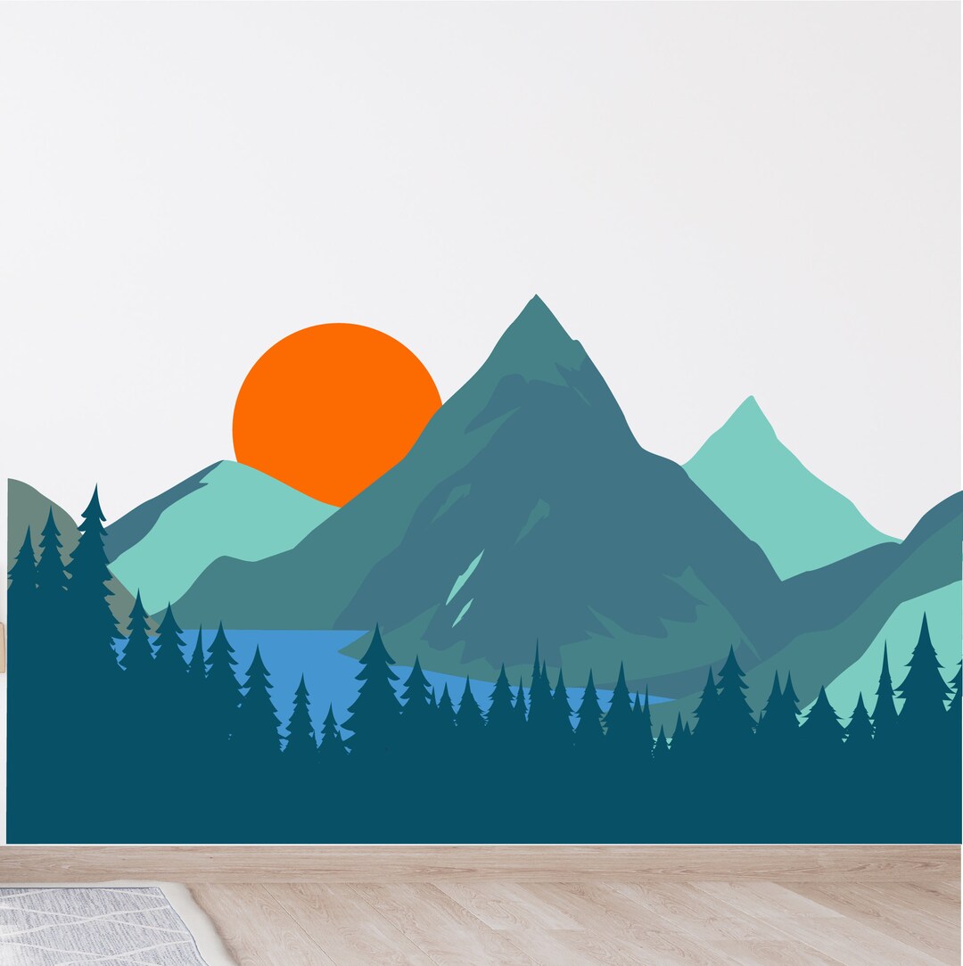 Calcomanía de pared de montaña de color verde azulado brillante Mural ...