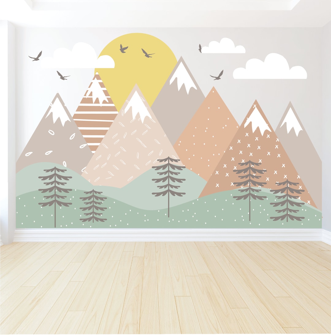 Mountain Wall Decals - Neutral Forest - Boho Colored Nursery Wall Decor ...