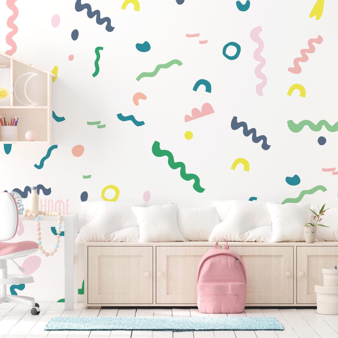 Kids Room Decals, Squiggly Colorful Reusable Peel and Stick Wall Decals ...