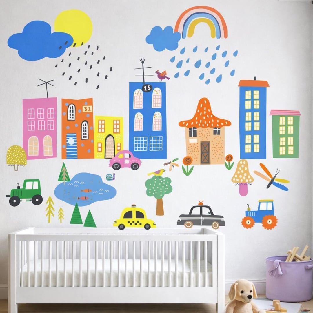Colorful City Wall Decals, Kids Town Vehicles, Rainbow Nursery Stickers ...