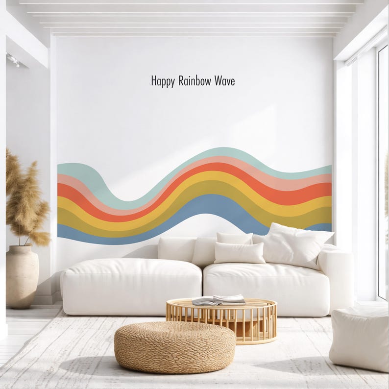 Wavy Retro Stripe Wall Decal - Pastel Rainbow Wall Art Sticker - Retro ...
