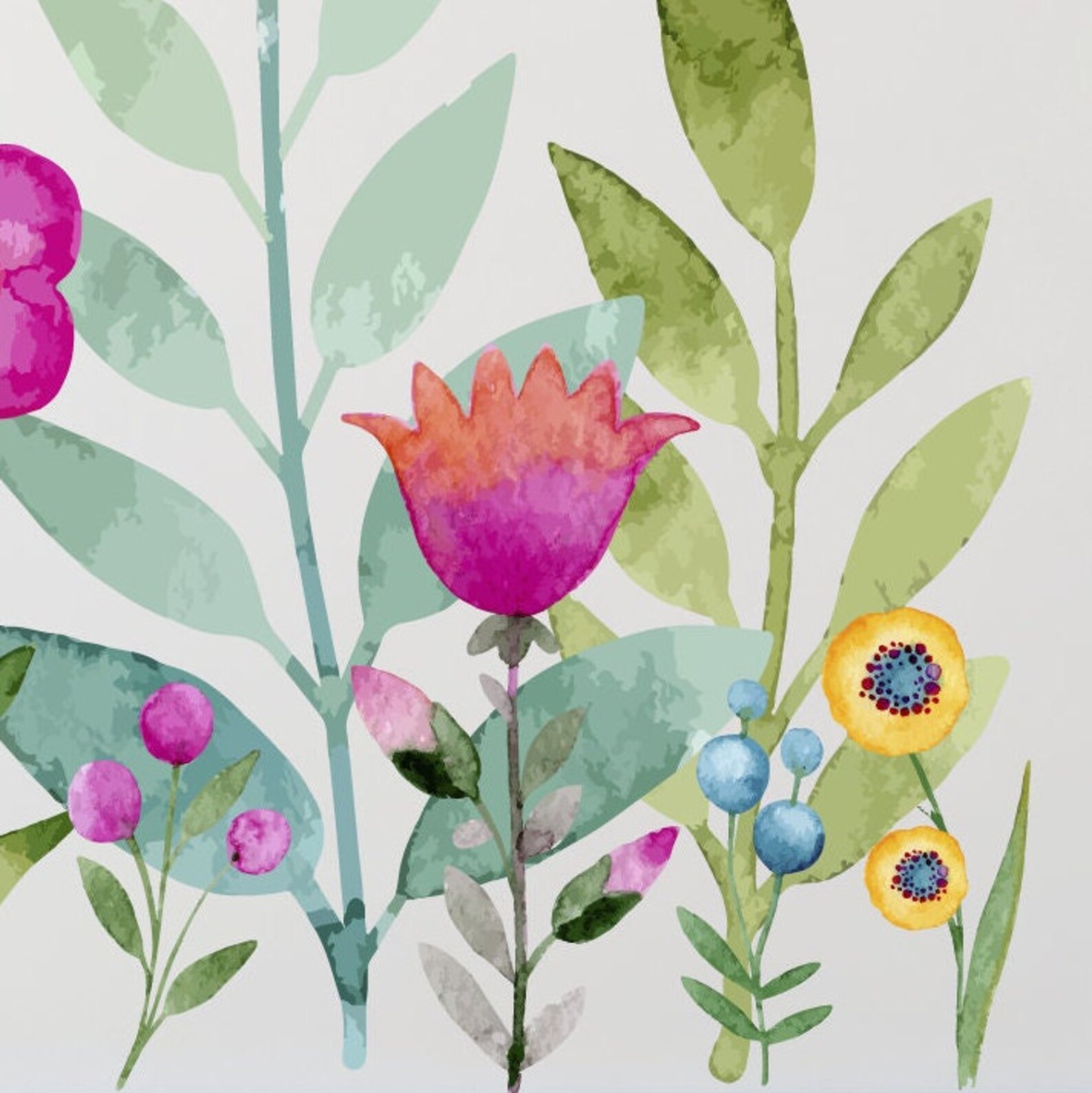 Watercolor Flower Wall Decals With Stems, Wall Decals, Vinyl Wall ...