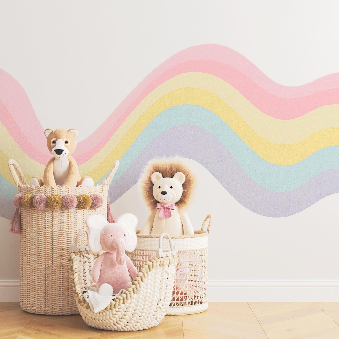 Wavy Retro Stripe Wall Decal - Pastel Rainbow Wall Art Sticker - Retro ...