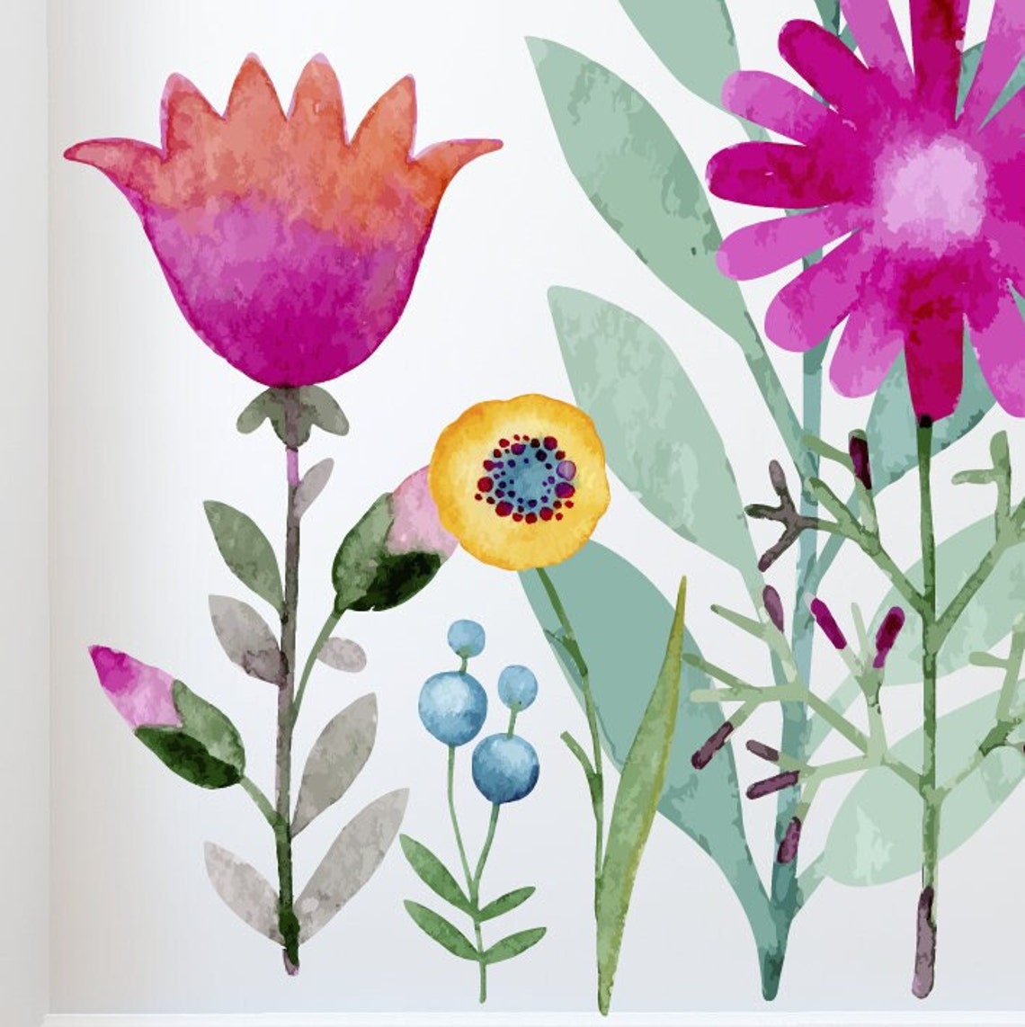 Watercolor Flower Wall Decals With Stems, Wall Decals, Vinyl Wall ...