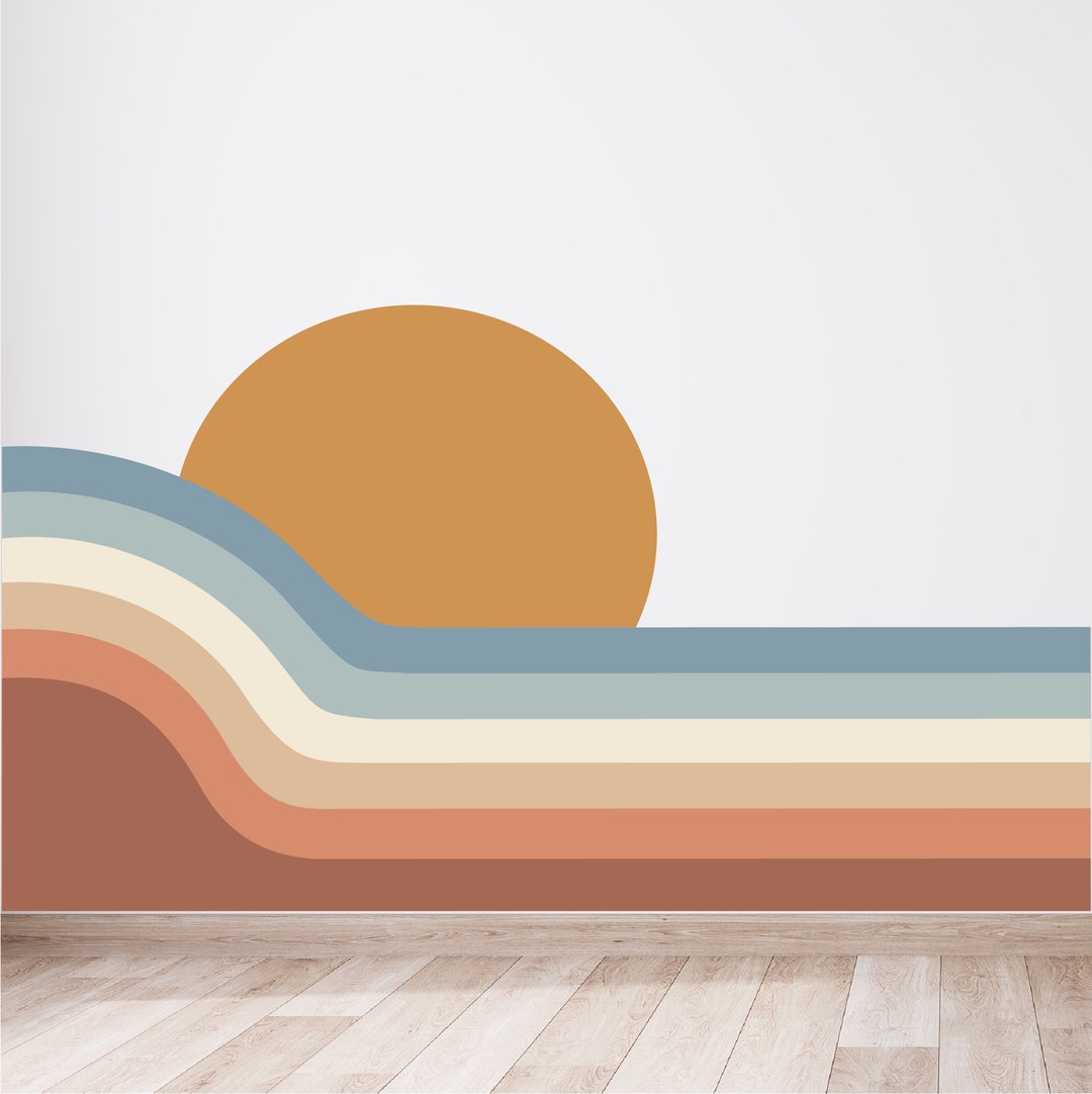 Retro Sunset Wall Decal, Boho Wave Wall Stripe, Neutral Rainbow Accent ...