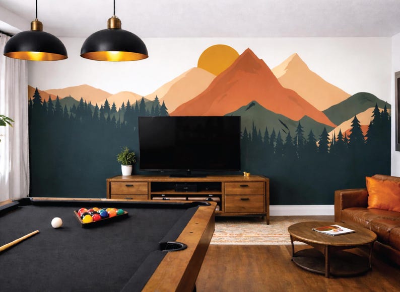 Large Sunset Mountain Forest Wall Decals, Custom Color Mural (vinyl or ...