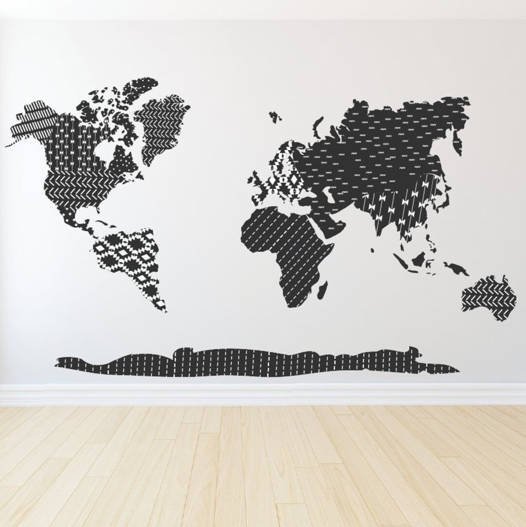 Map Wall Decal, Vinyl Decal Map, World Map Decal, Black Patterned World ...