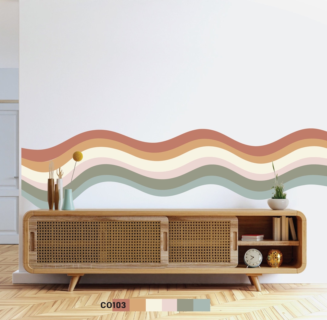 Wavy Retro Stripe Wall Decal - Colorful Rainbow Wall Art Sticker ...