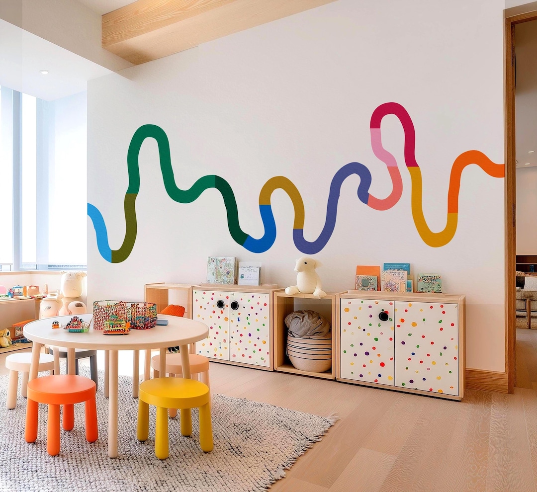 Colorful Wave Wall Stickers, Kids Room Decals, Rainbow Squiggle ...