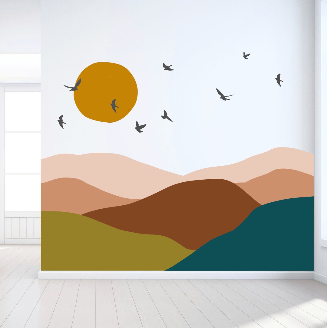 Mountain Wall Mural - Wall Decals - Colorful Mountains With Sun Nursery ...