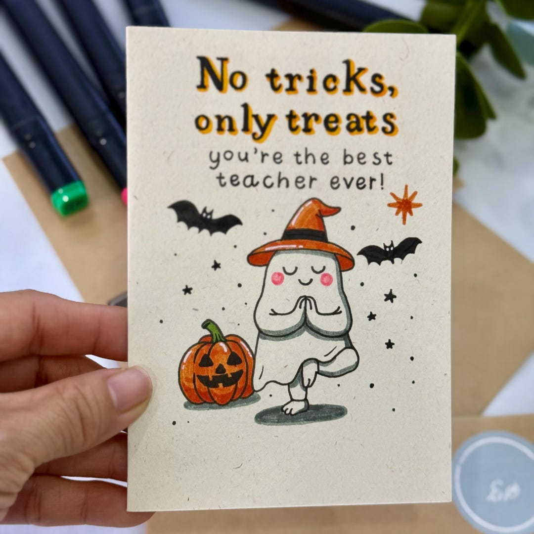 Handmade Halloween Yoga Teacher Card: Ghost, Pumpkin & Witch Hat - Etsy