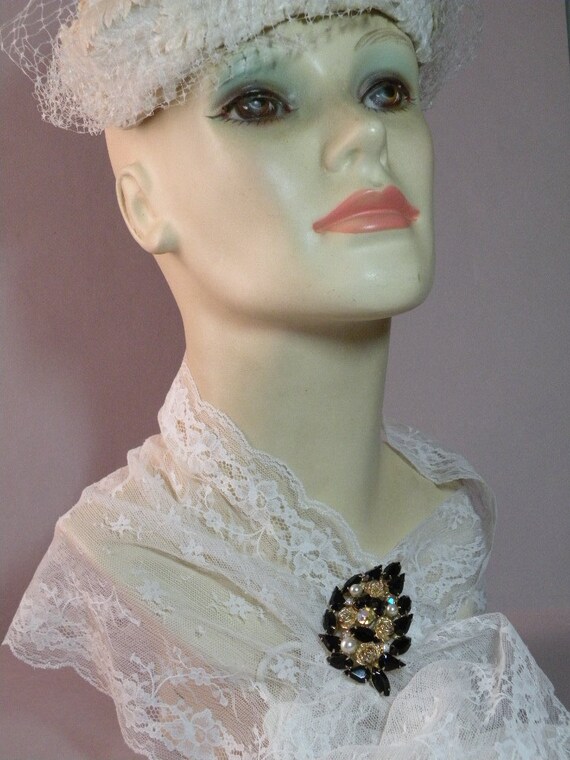 Vintage Jet Rose Leaf Brooch - Gem