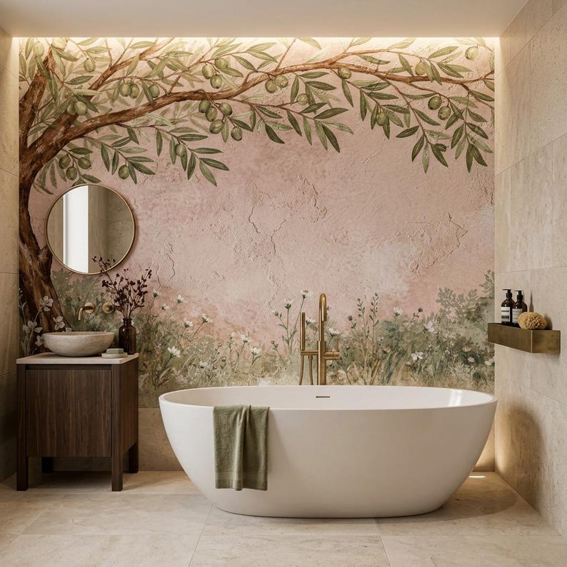 Vintage Olive Tree Mural Dusty Pink Limewash Texture Italian Fresco ...