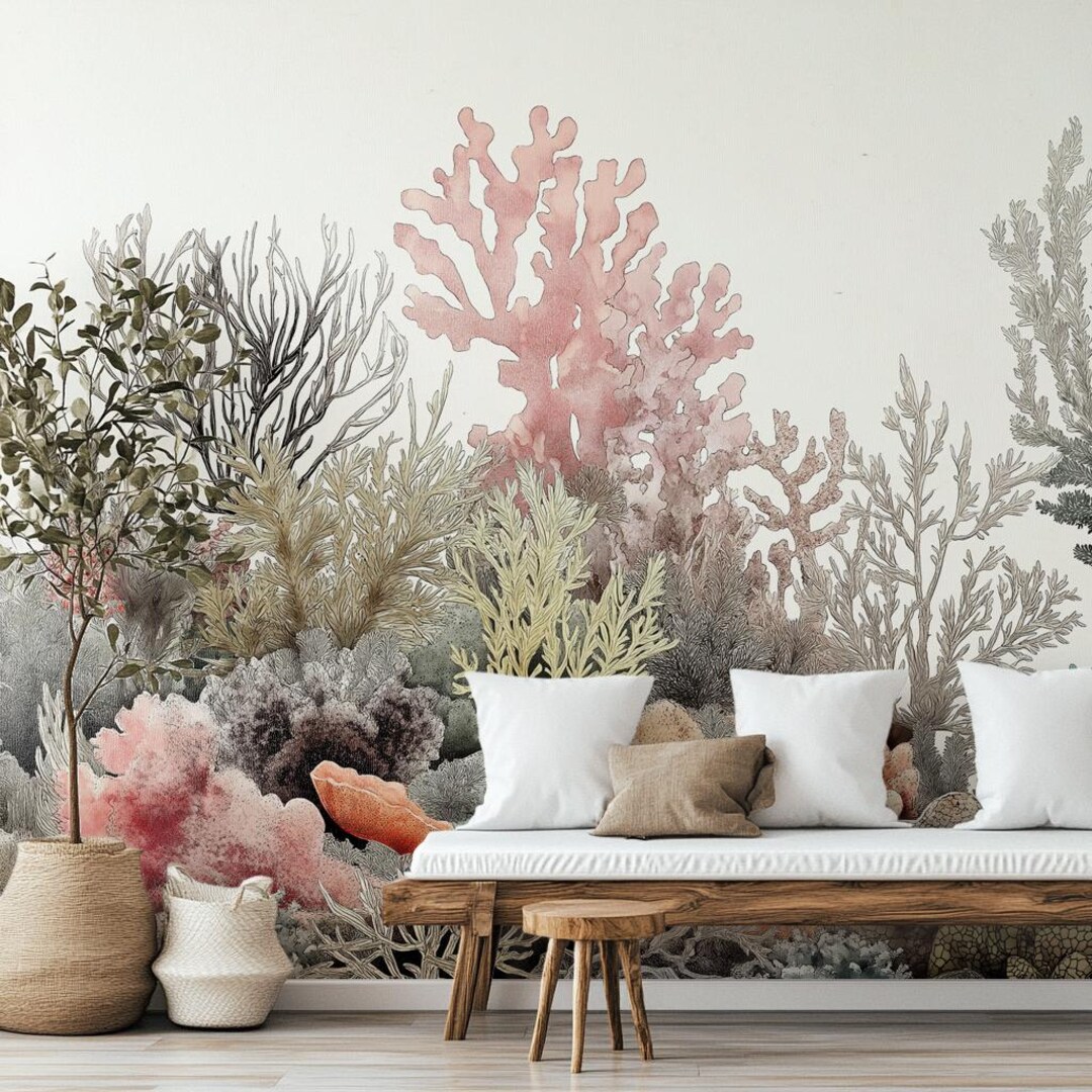 Elegant Watercolor Coral Reef Mural | Hand-painted Ocean Wall Art ...