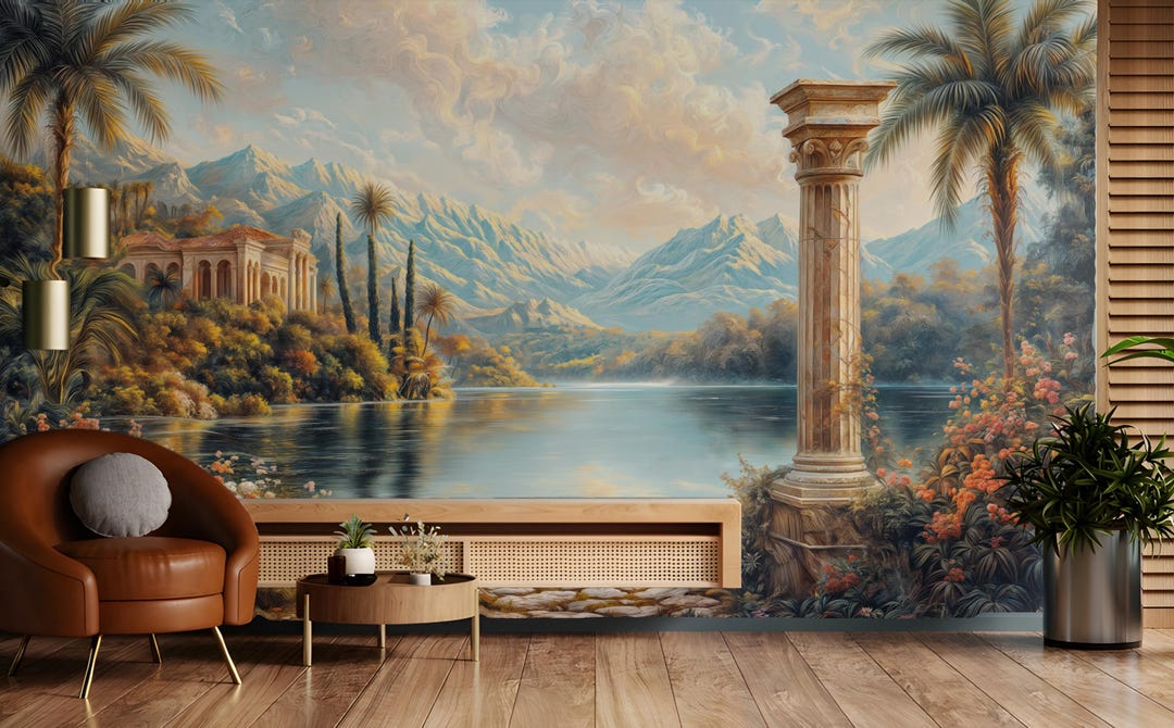 Elegant Italian Villa Wall Mural – Scenic Lake, Classical Columns ...