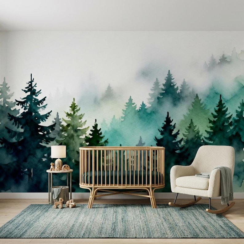 Ethereal Misty Pine Forest Watercolor Mural Biophilic Sanctuary ...