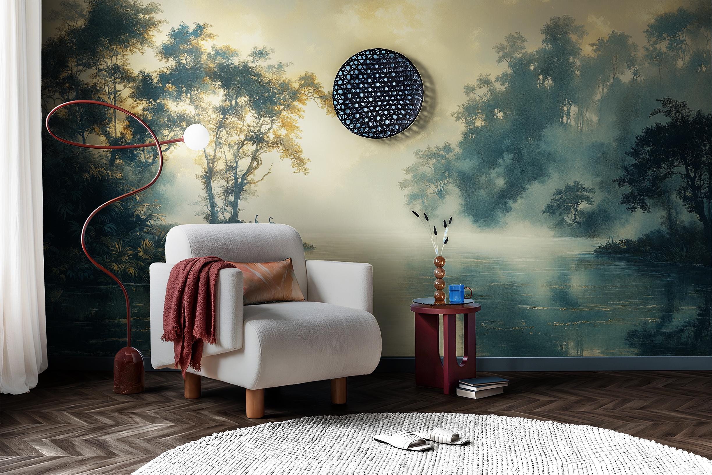 Serene Water Reflection Mural | Hand-painted Forest Wallpaper ...
