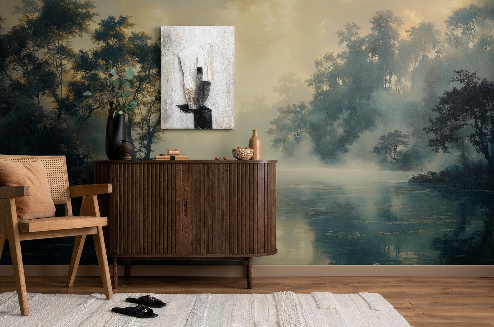 Serene Water Reflection Mural | Hand-painted Forest Wallpaper ...