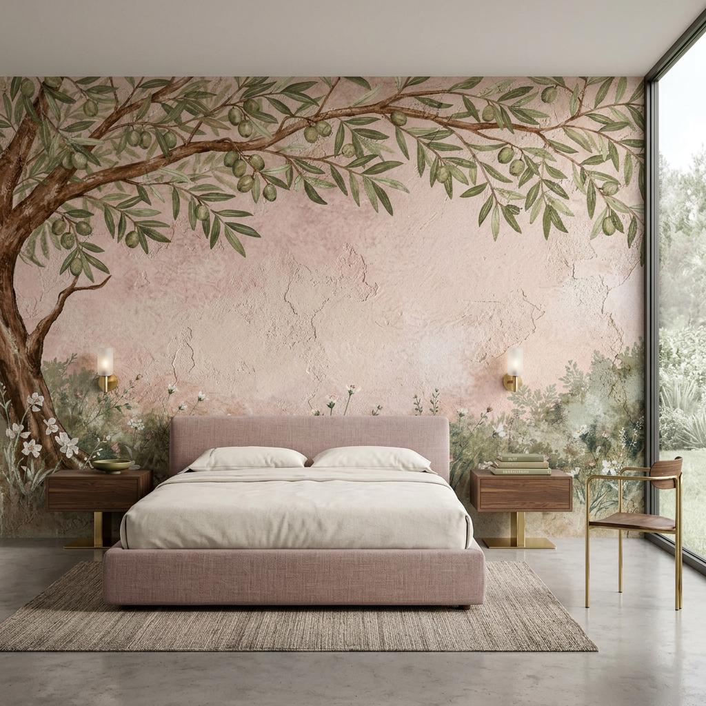 Vintage Olive Tree Mural Dusty Pink Limewash Texture Italian Fresco ...