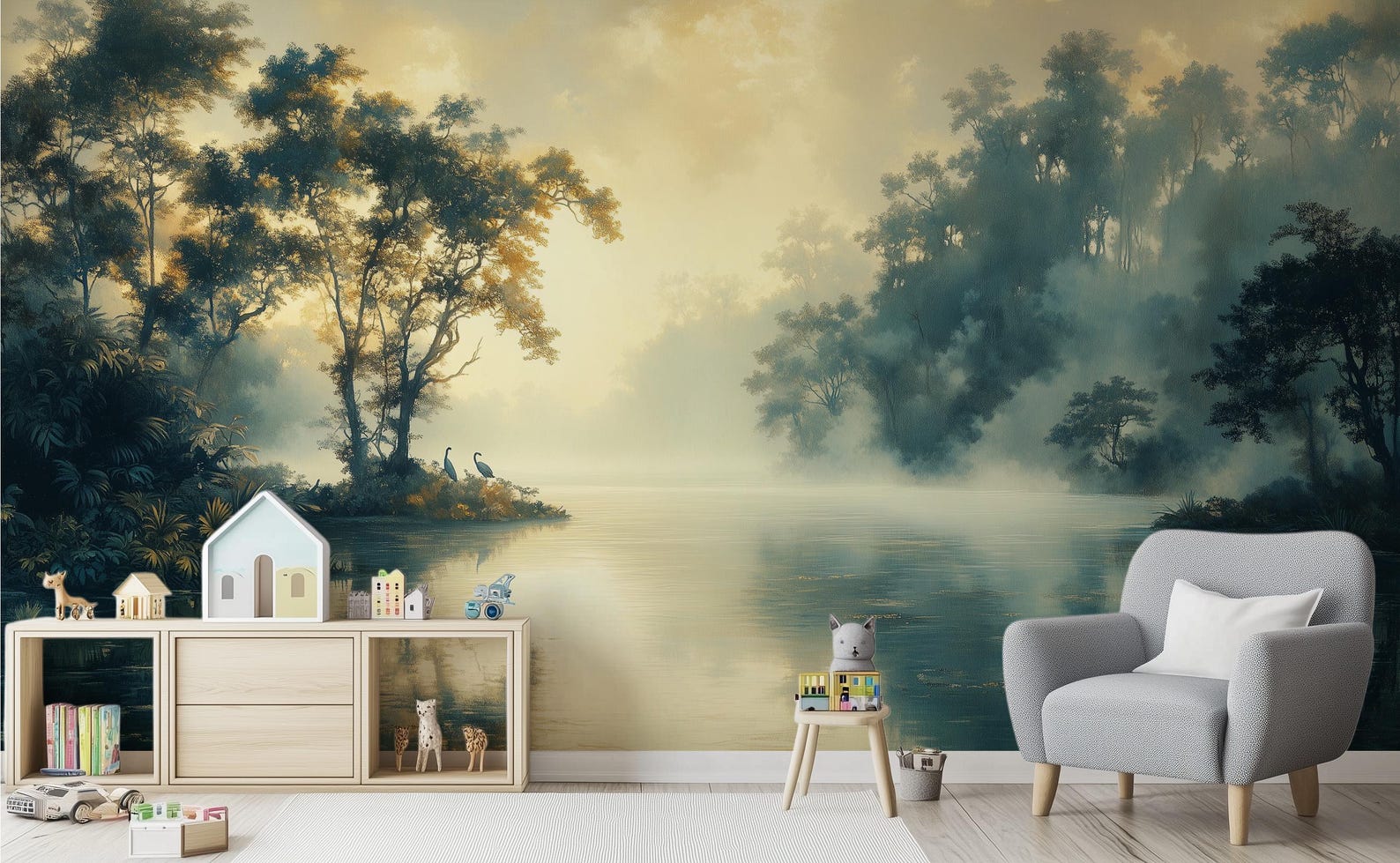Serene Water Reflection Mural | Hand-painted Forest Wallpaper ...