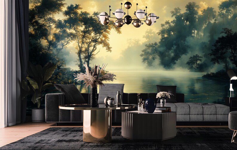 Serene Water Reflection Mural | Hand-painted Forest Wallpaper ...
