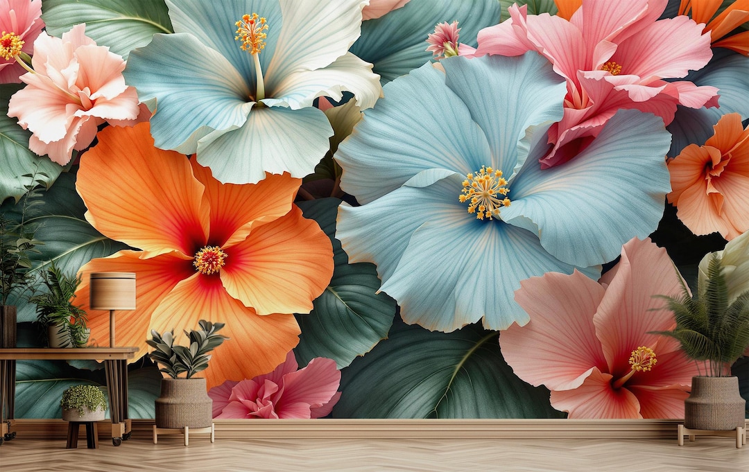 Hibiscus Flower Wallpaper Mural – Peel and Stick Large Floral Wall Art ...