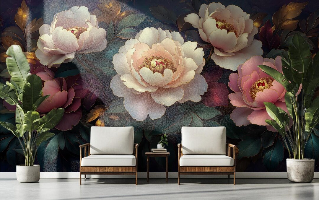 Elegant 3D Peony Wallpaper | Gold & Blush Floral Mural | Luxury ...