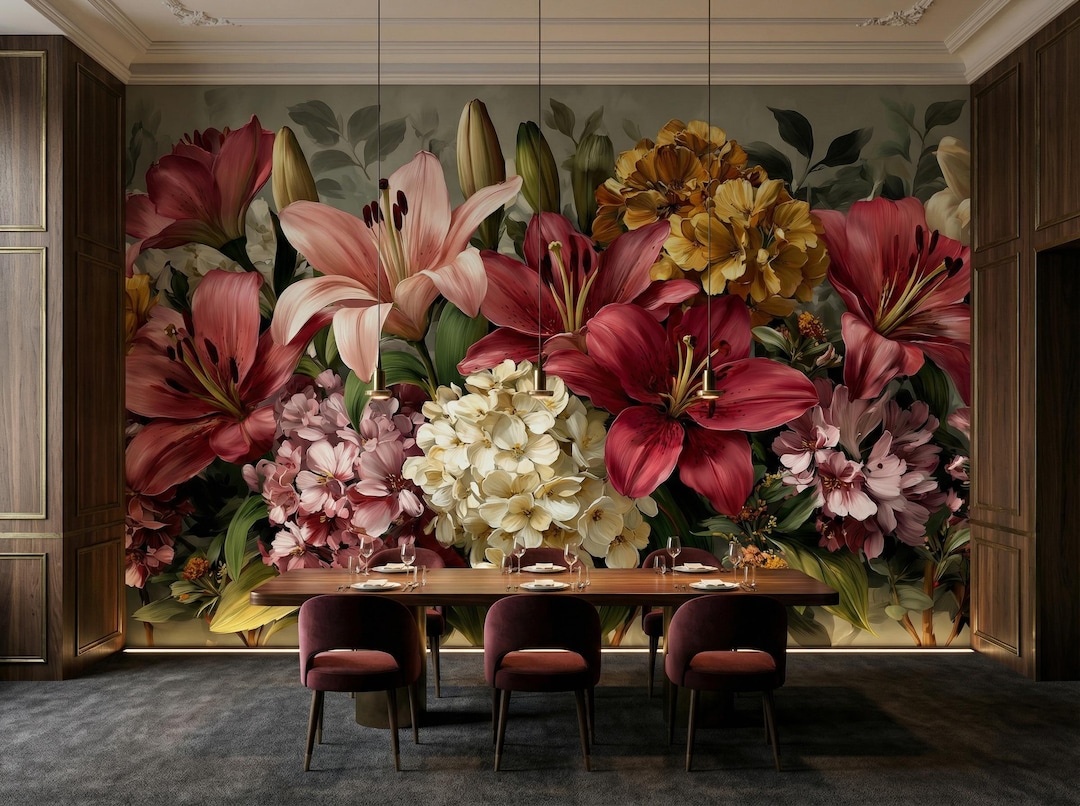 Romantic Dark Botanical Wall Mural - Ruby Red Flower Wallpaper for ...