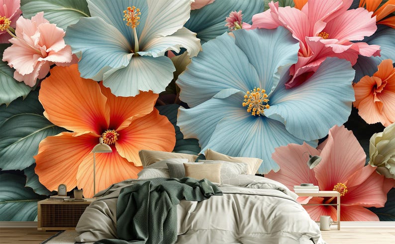 Hibiscus Flower Wallpaper Mural – Peel and Stick Large Floral Wall Art ...