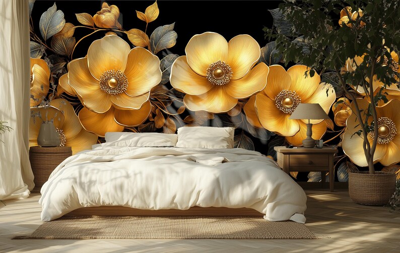 Elegant Gold Floral Wall Art | Luxury 3D Metallic Flower Design - Etsy