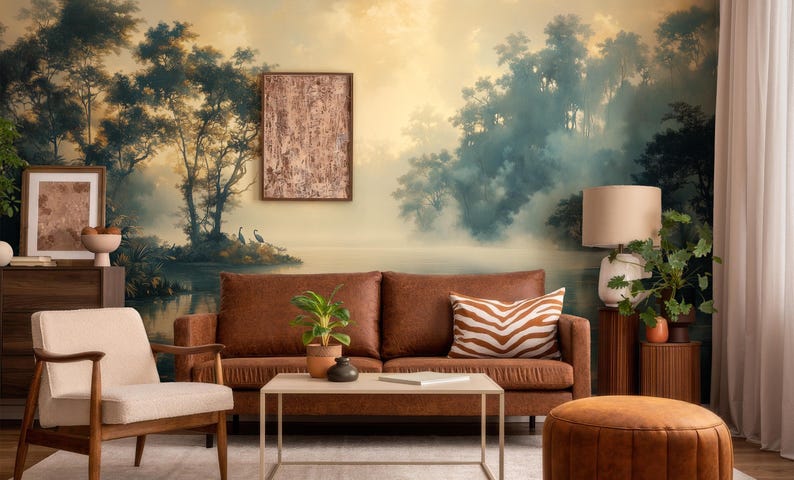 Serene Water Reflection Mural | Hand-painted Forest Wallpaper ...