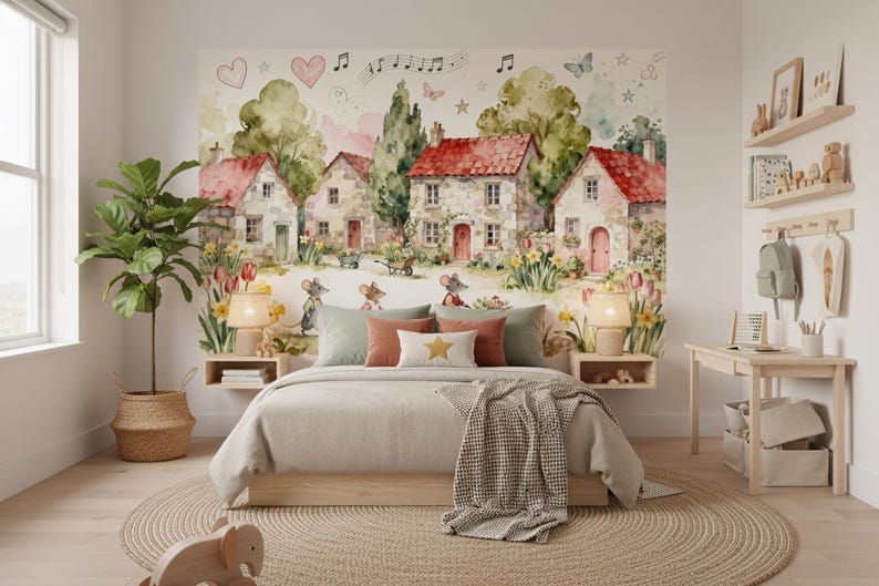 Cottagecore Mice Wallpaper Watercolor Village Peel and Stick Mural for ...