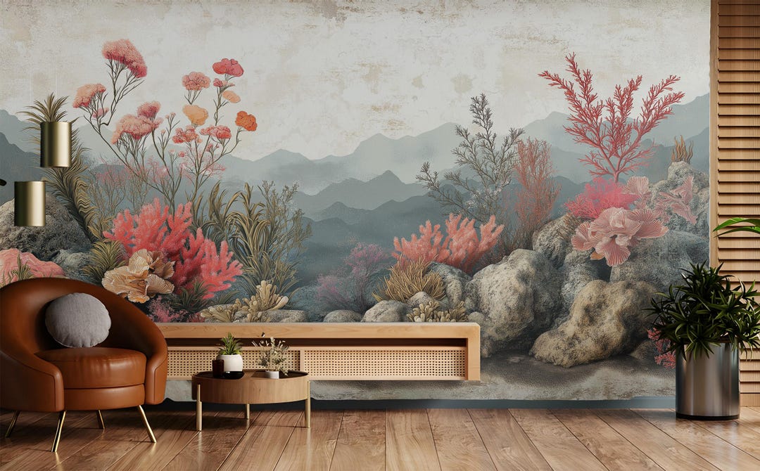 Vintage Underwater Coral Reef Wall Mural - Hand-painted Marine ...