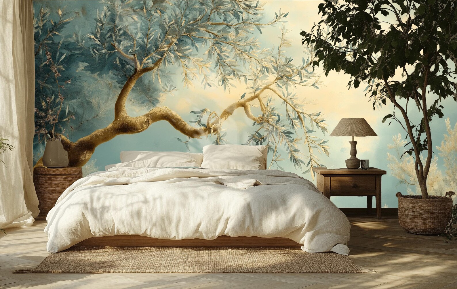Elegant Olive Tree Mural | Hand-painted Botanical Wall Art | Luxury ...
