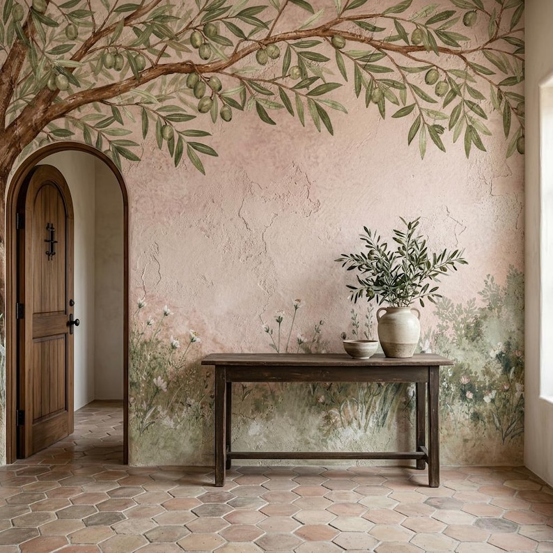 Vintage Olive Tree Mural Dusty Pink Limewash Texture Italian Fresco ...